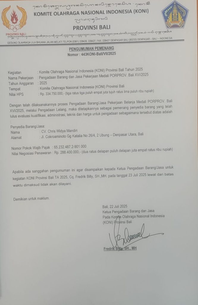 Pengumuman Pemenang Pelelangan Mendali PORPROV Bali XVI Tahun 2025 ...